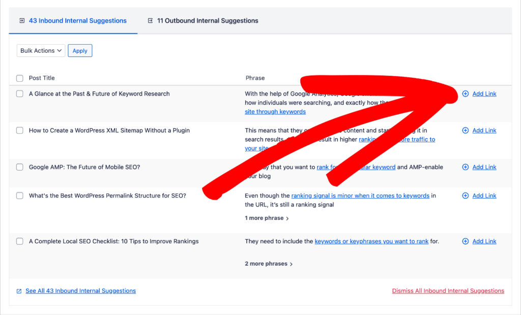 Link Suggestions in the Links Report in Link Assistant - AIOSEO